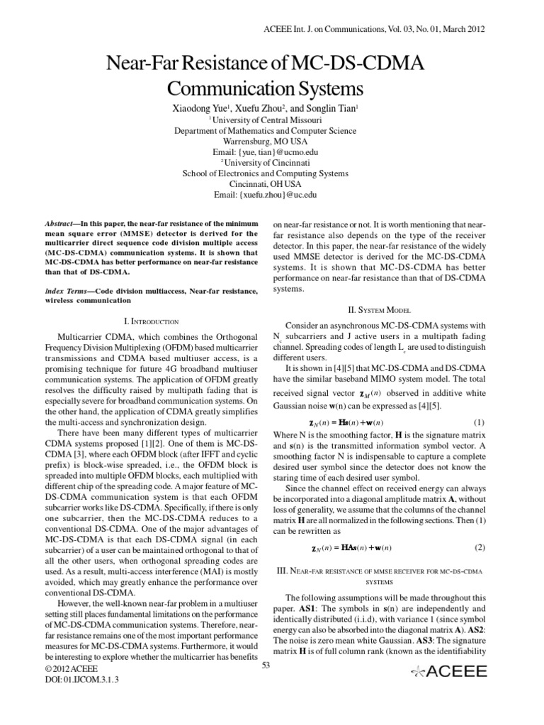 Near Far Resistance Of Mc Ds Cdma Communication Systems Pdf Orthogonal Frequency Division