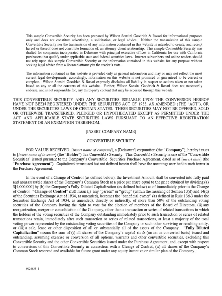 Form of Convertible Security | PDF | Stocks | Preferred Stock