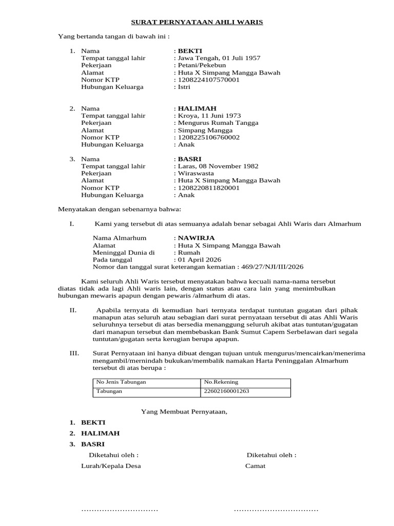 Surat Pernyataan Ahli Waris | PDF