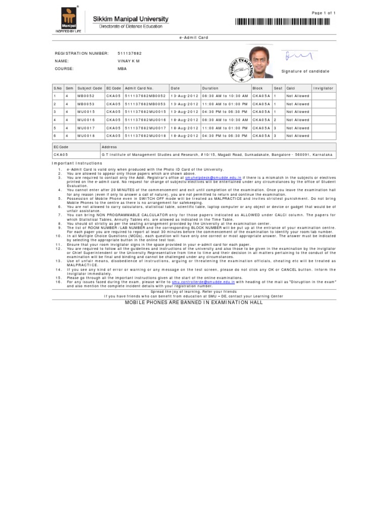 Vinay K M MBA Signature of Candidate | PDF | Test (Assessment) | Test ...