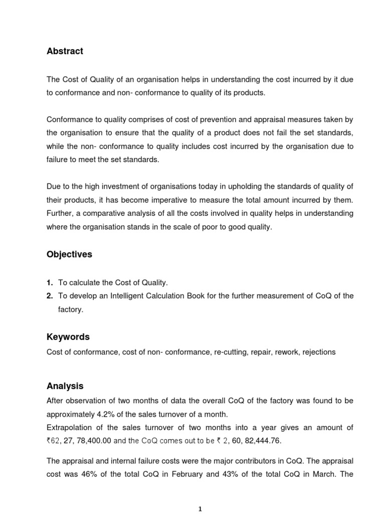 To Calculate The Cost of Quality. 2. To Develop An Intelligent ...