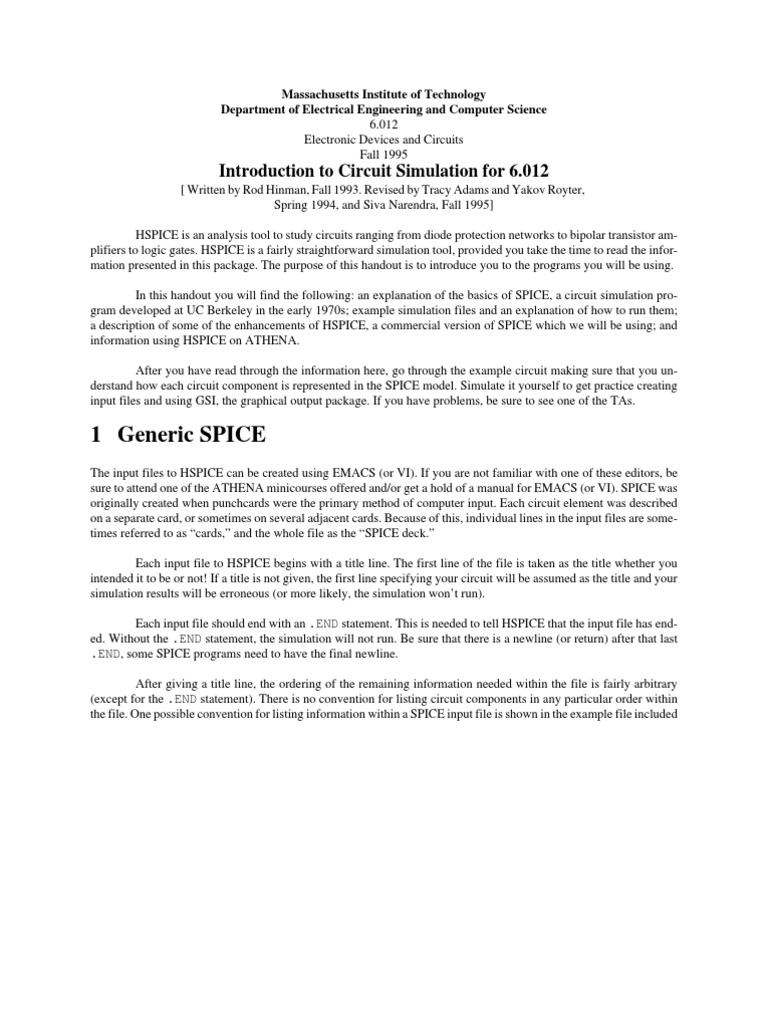 1 Generic SPICE: Introduction To Circuit Simulation For 6.012 | PDF ...