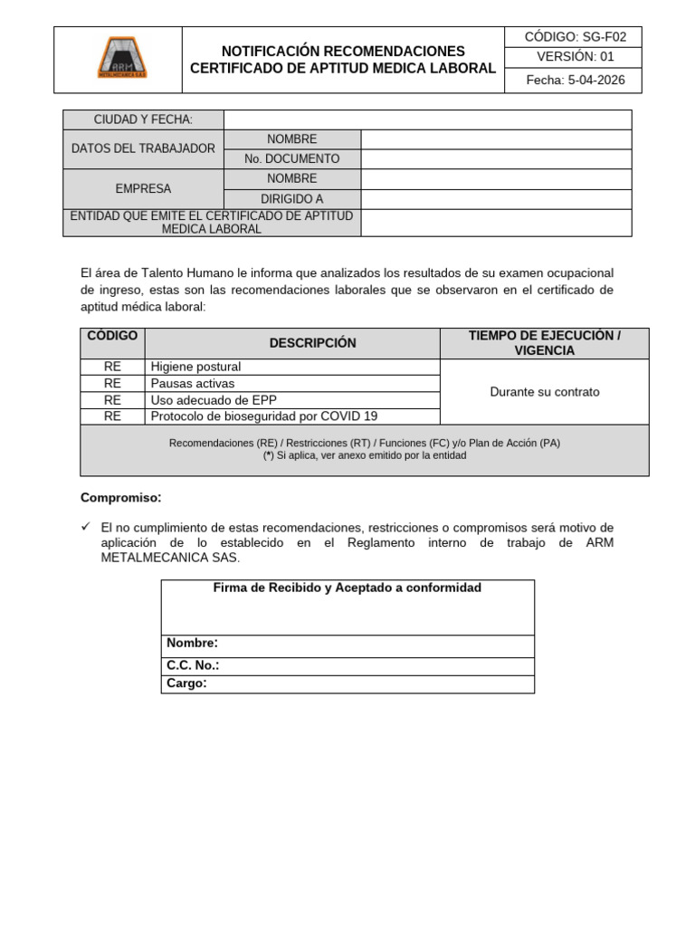SG-F 02 Carta de Recome Médicas | PDF