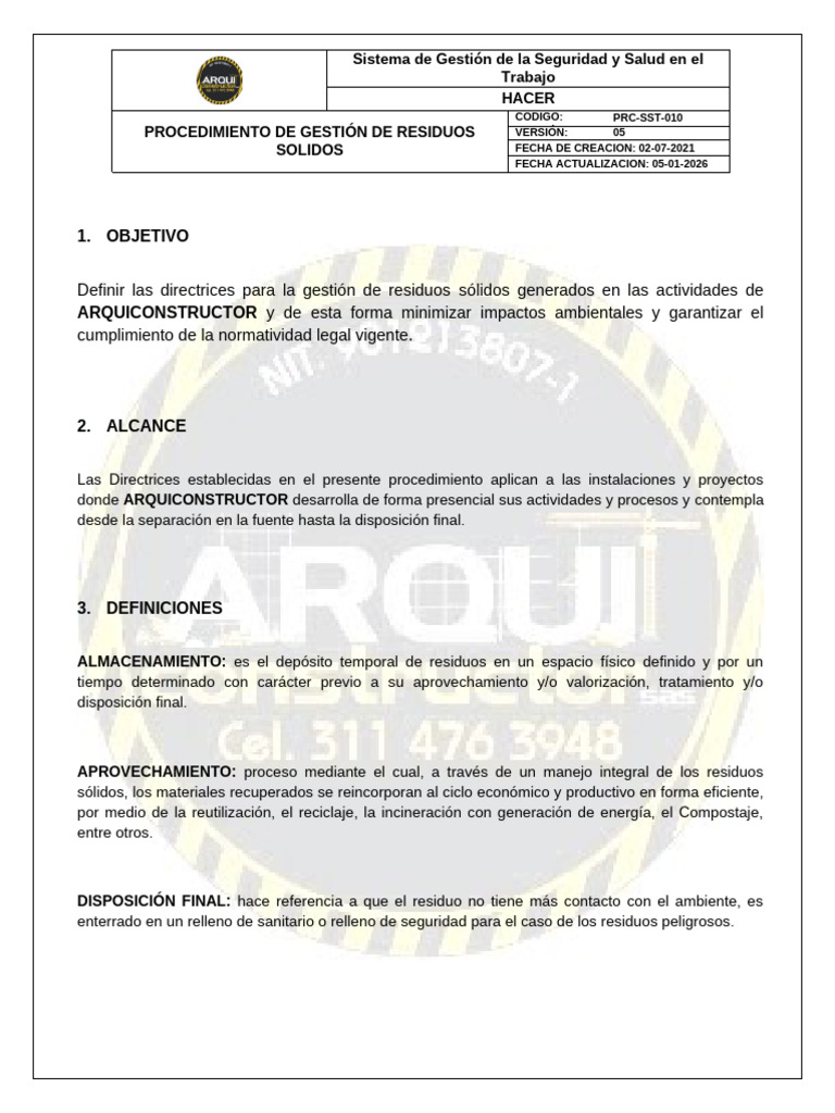 PRC-SST-011 Procedimiento de Gestion de Residuos Solidos | PDF ...