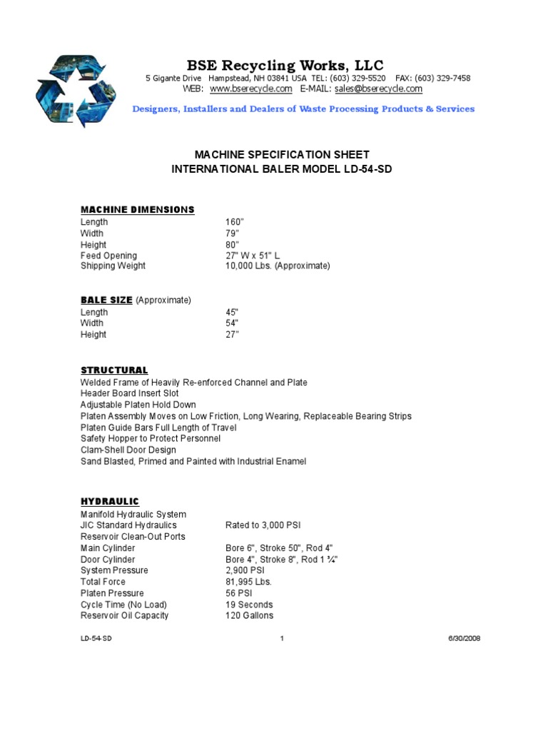 BSE Recycling Works, LLC: Machine Specification Sheet International ...