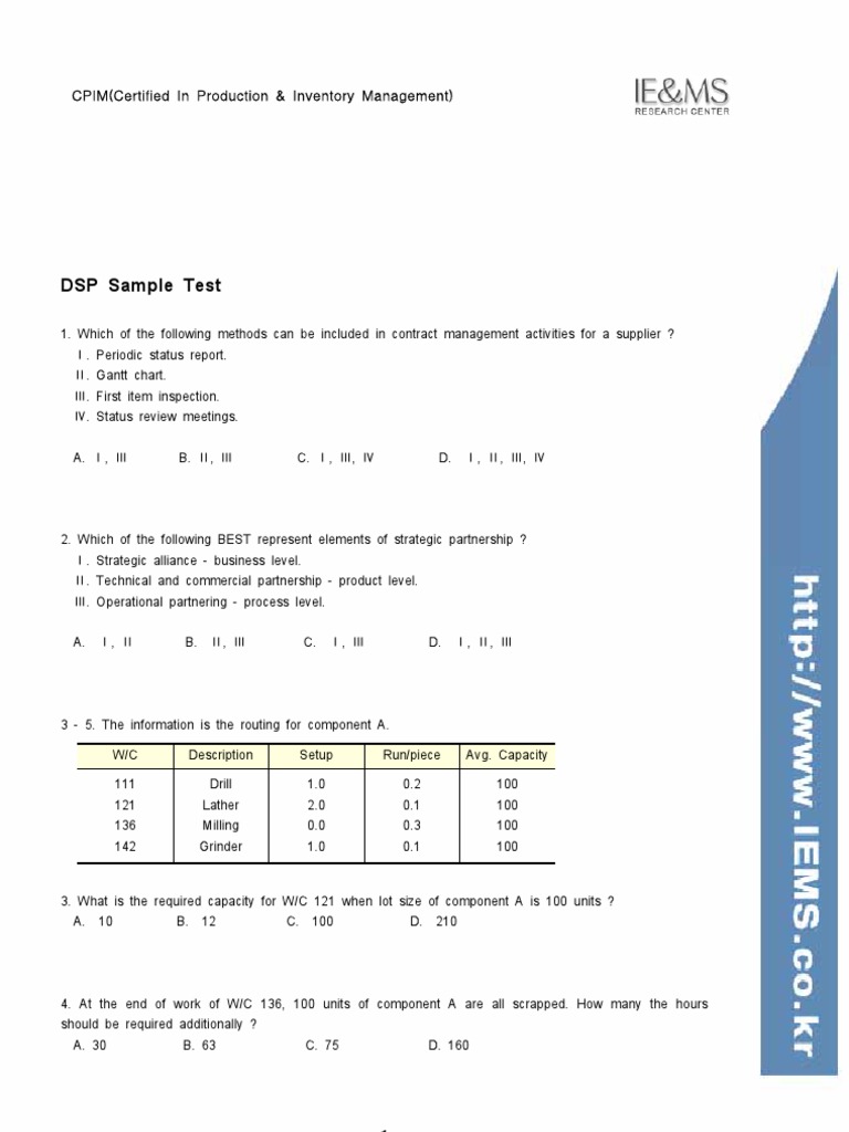 DSP Sample Test: CPIM(Certified In Production & Inventory Management)
