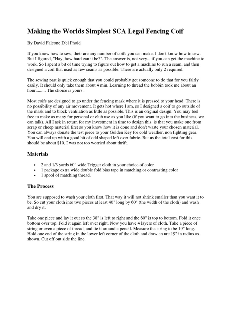 Making The Worlds Simplest SCA Legal Fencing Coif | PDF | Seam (Sewing ...