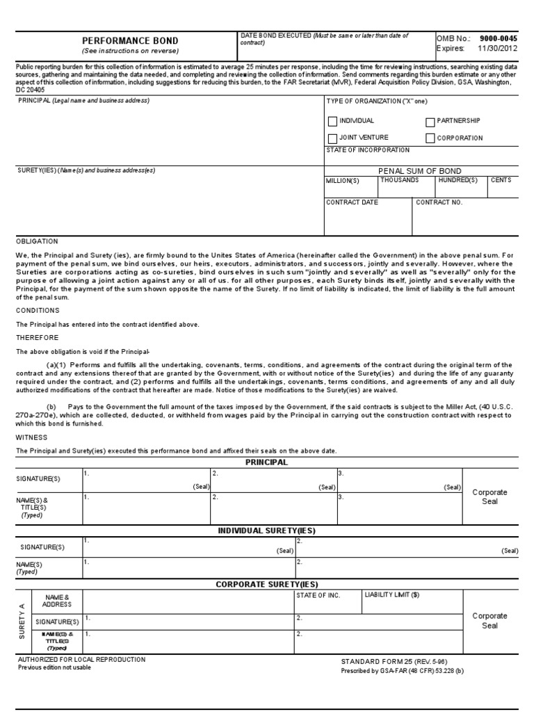 SF 25 Performance Bond | Surety Bond | Business Law