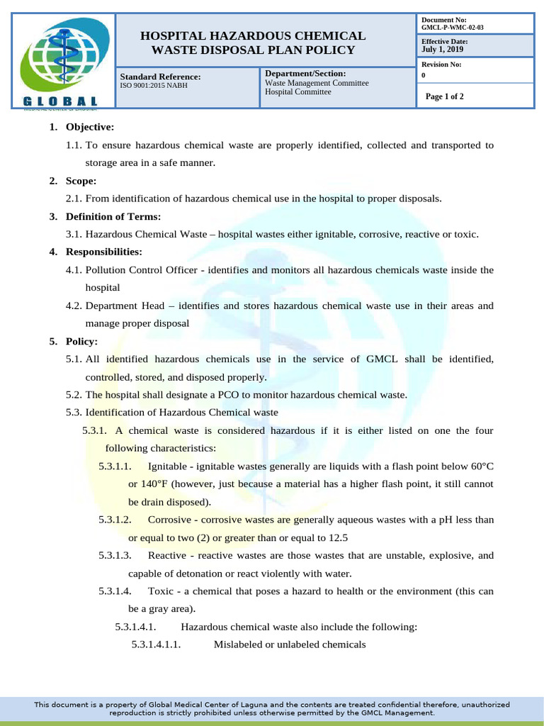 Gmcl-p-wmc-02-03 Hospital Hazardous Chemical Waste Disposal Plan Policy ...
