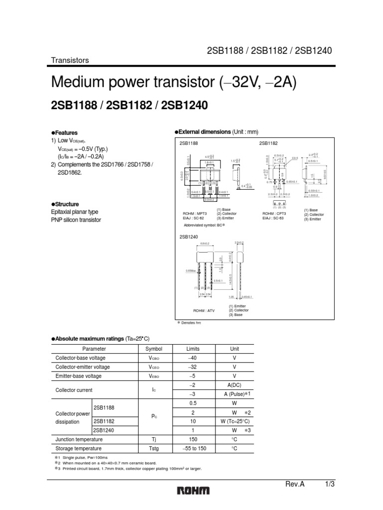 Medium Power Transistor ( 32V, 2A) : 2SB1188 / 2SB1182 / 2SB1240 | PDF ...