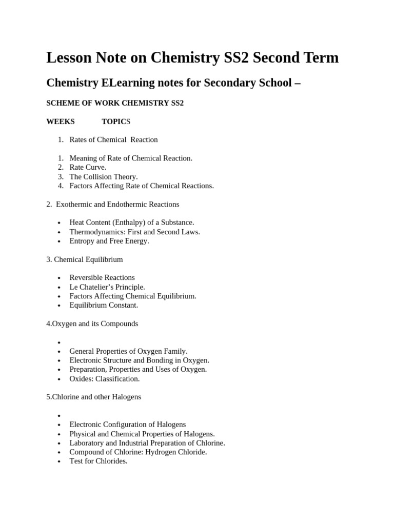 Chemistry Lesson Note SS2 Second Term | PDF | Reaction Rate | Chlorine