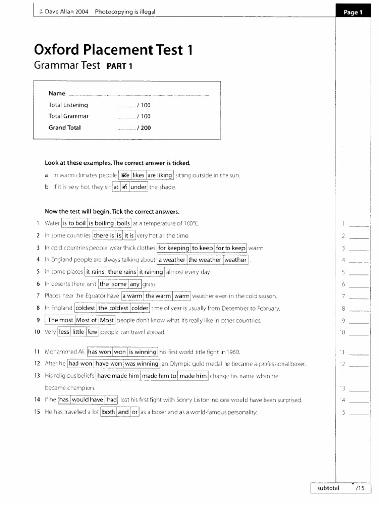 Oxfort Placement Test 1 | PDF | Leisure | Sports