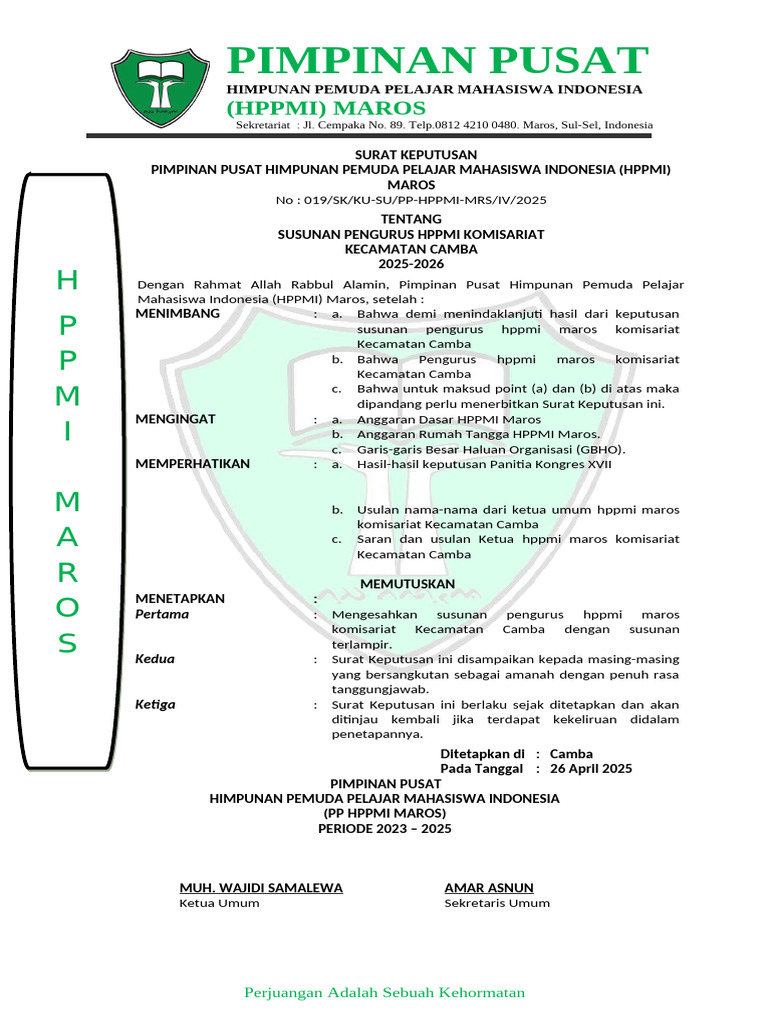 SK Pengurus HPPMI MAROS KOMISARIAT KECAMATAN CAMBA PERIODE 2025-2026 | PDF