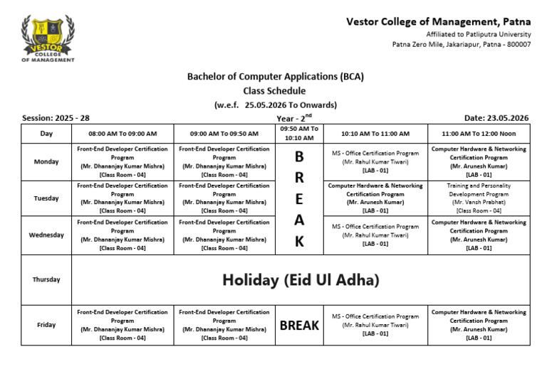 Class Schedule 2nd Year BCA (2025-28) 23.05.2026 | PDF