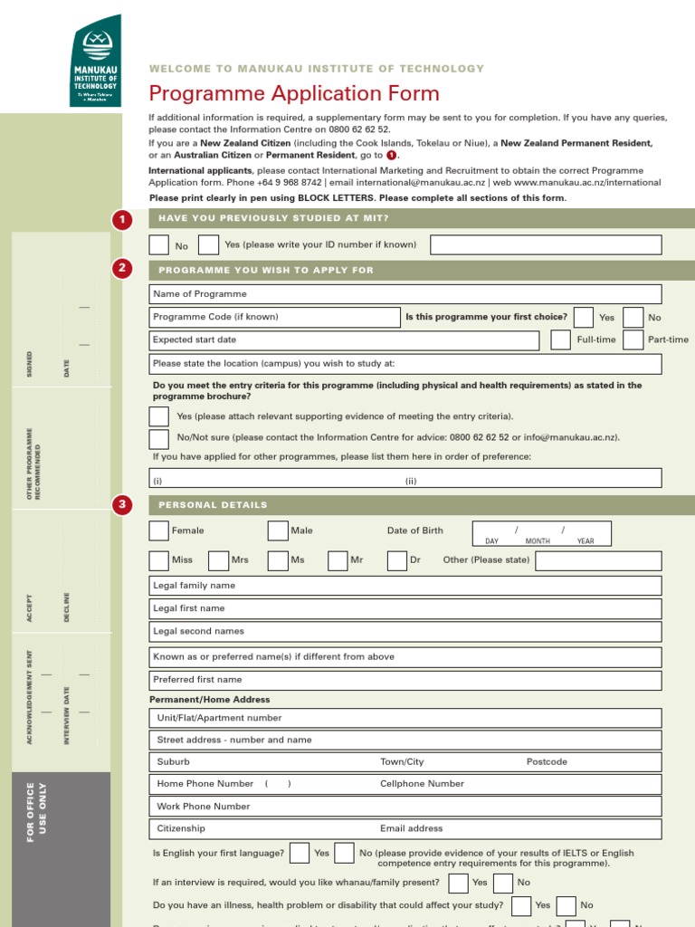 Programme Application Form: Welcome To Manukau Institute of Technology ...