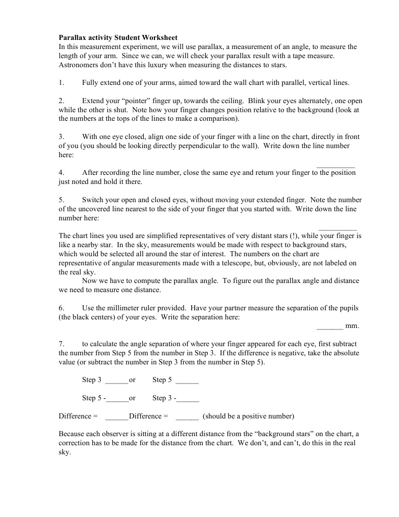 parallax activity worksheet | Angle | Pi