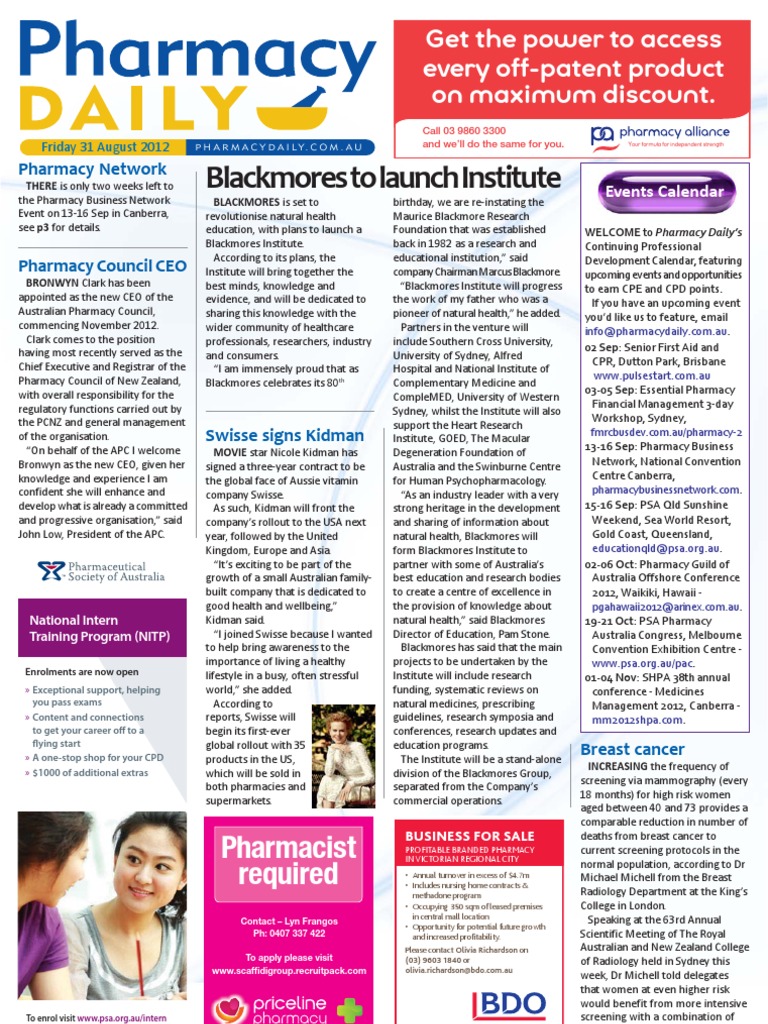 Pharmacy Daily For Fri 31 Aug 2012 - Blackmores Institute, Pharmacy ...