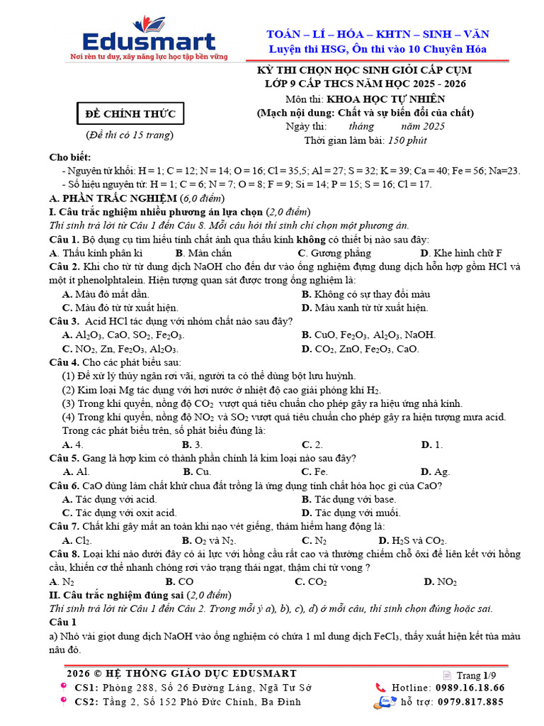 De Thi Va Dap An HSG Hoa 9 KHTN 9 | PDF