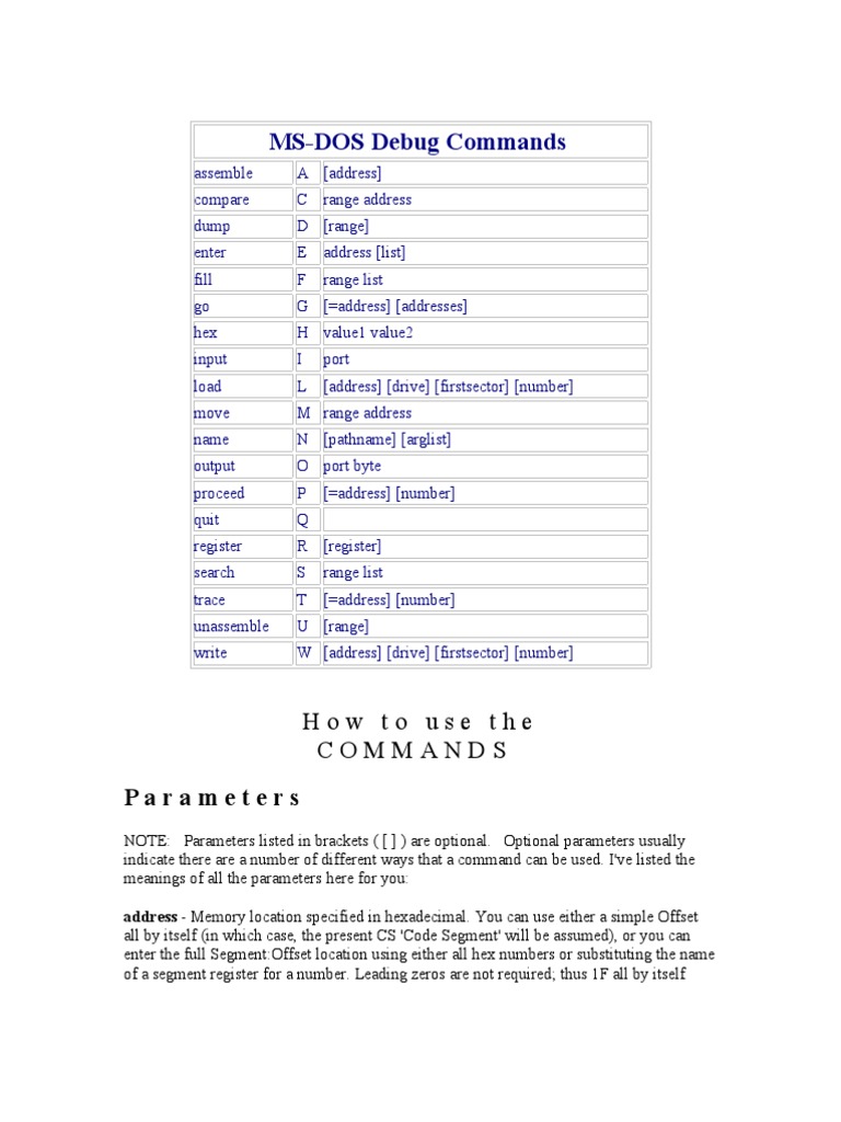 Dos Debug Commands | PDF | Instruction Set | Computer Data Storage