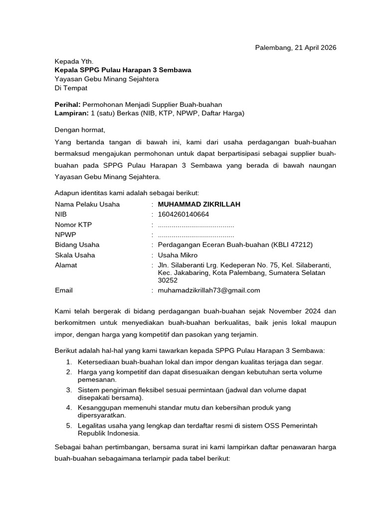 Proposal Supplier Buah Zikri(1) | PDF