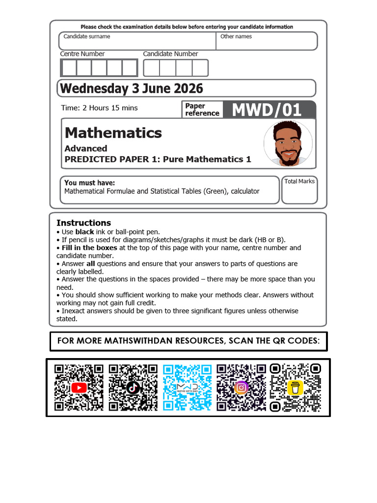 MathsWithDan Edexcel A Level Maths Predicted Paper 1 June 2026 | PDF ...