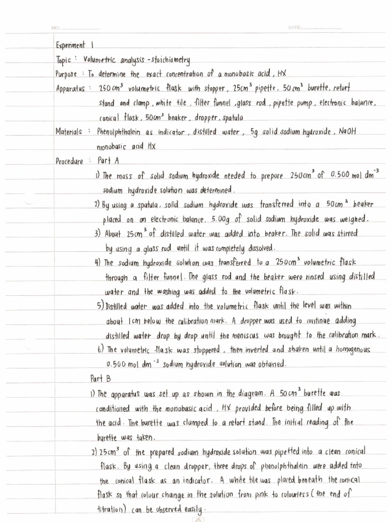 STPM Chemistry Practical Experiment 1 2012 | PDF | Atoms | Titration