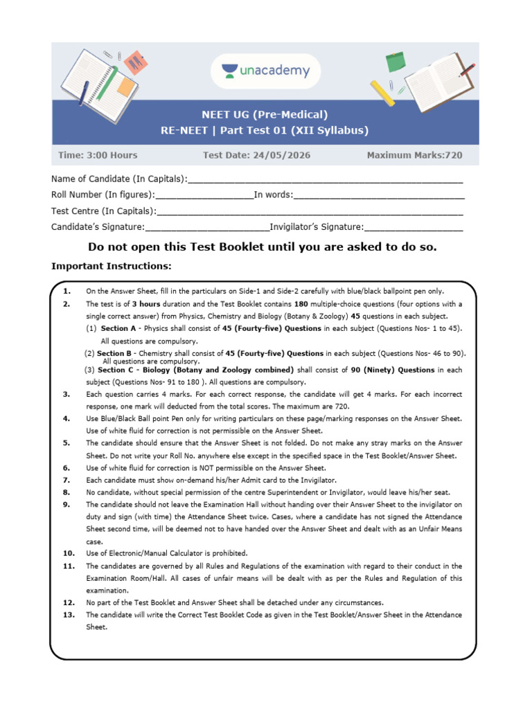 Re NEET 2026 Part Test 1 Test Paper XII Syllabus 24 05 2026 | PDF ...