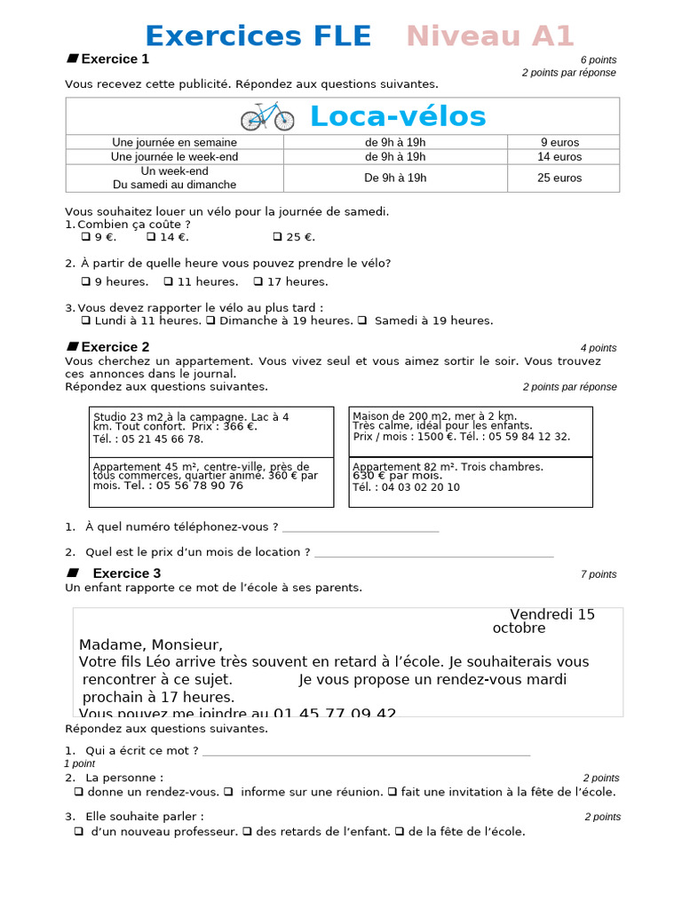 3 Exercices Comprehension Et Expression Ecrites Velo Appartement Mot de ...