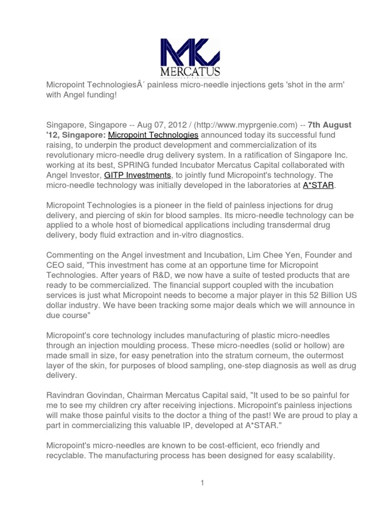 Micropoint Technologies Painless Micro Needle Injections Gets Shot in ...