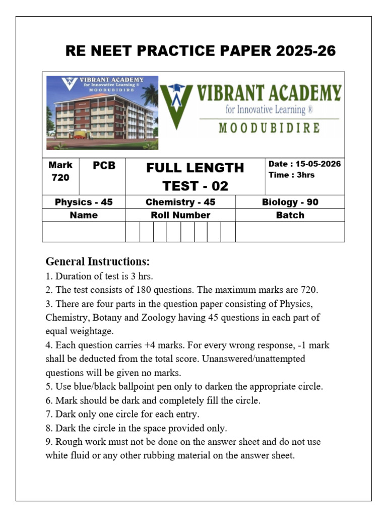 Re Neet - Full Length Test - 02 QP (15-05-2026) | PDF | Photoelectric ...
