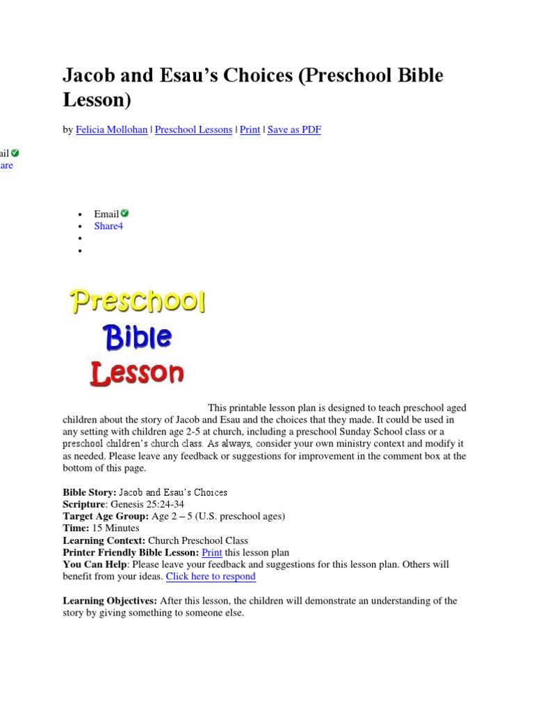 Jacob and Esau Preschool Lesson | Download Free PDF | Rebecca | Jacob