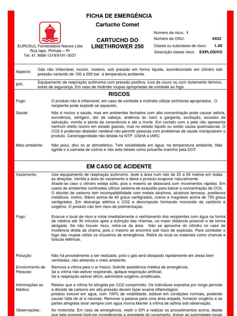Ficha Emergencia Cartucho Linethrower 250 Comet | PDF | Oxigênio ...
