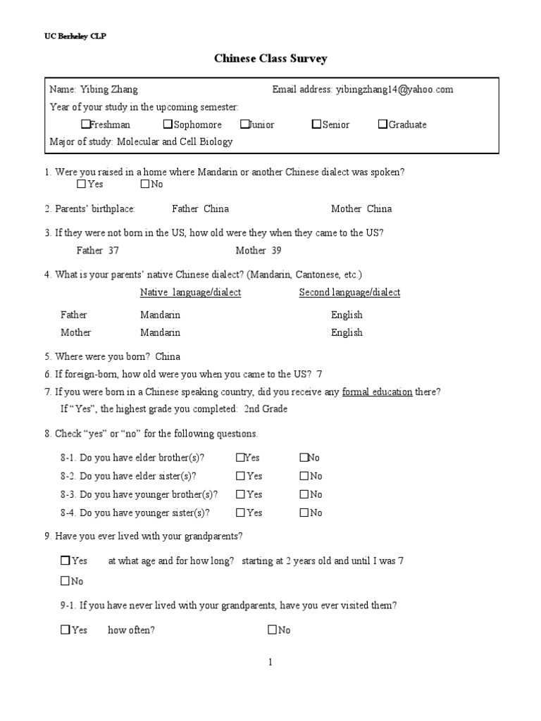 Chinese Class Survey (Completed) | PDF | Standard Chinese | Chinese ...