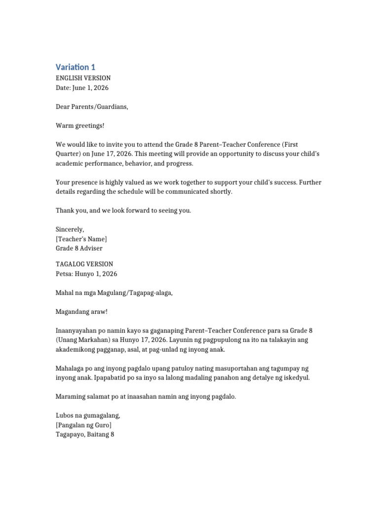 Grade8 PTC Parent Letters | PDF