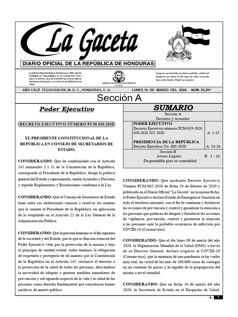 La Gaceta 16 de Marzo 2020 PCM-019-2020 | PDF | Administración Pública ...
