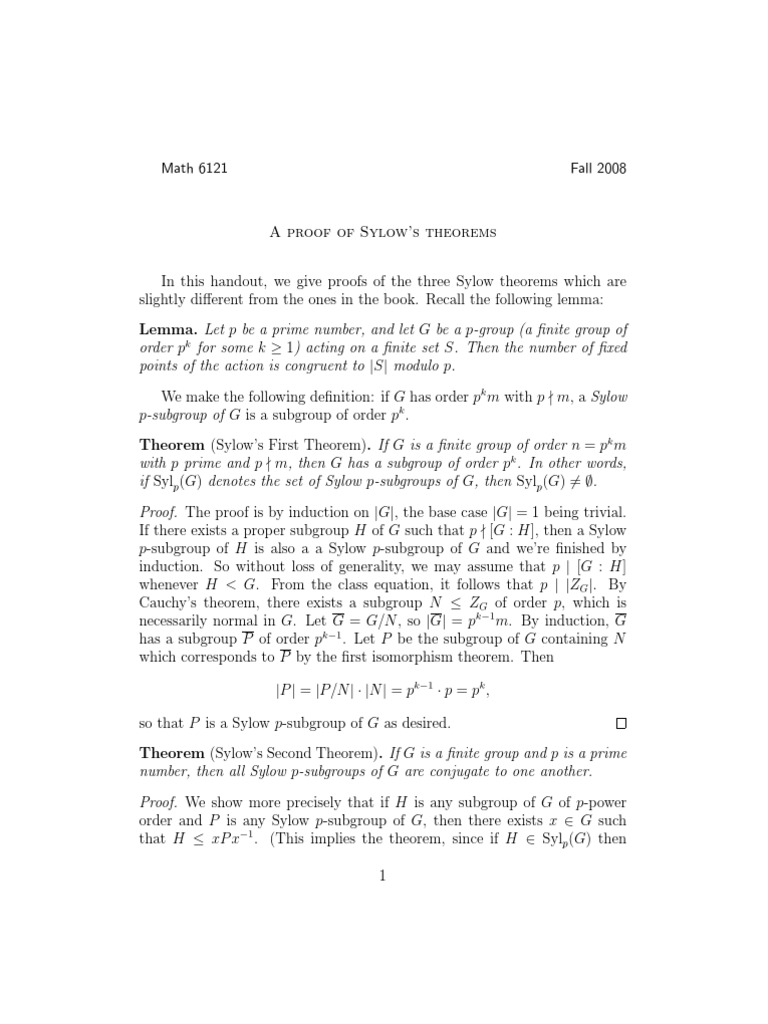 A Proof of Sylow Theorem | PDF | Group Theory | Abstract Algebra