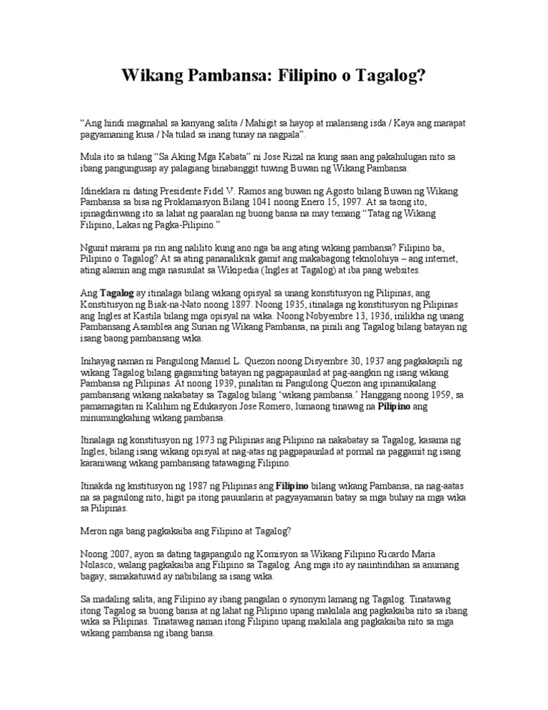 Wikang Pambansa, Filipino o Tagalog | PDF