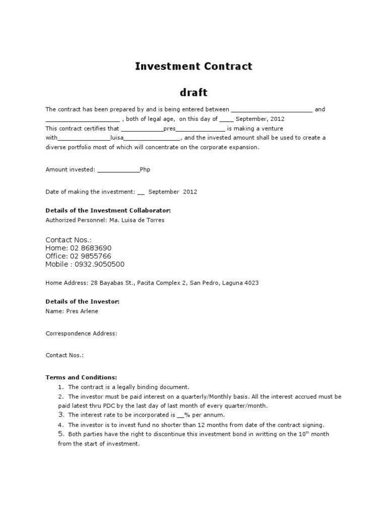 Investment Contract TEMPLATE | PDF | Interest | Bonds (Finance)
