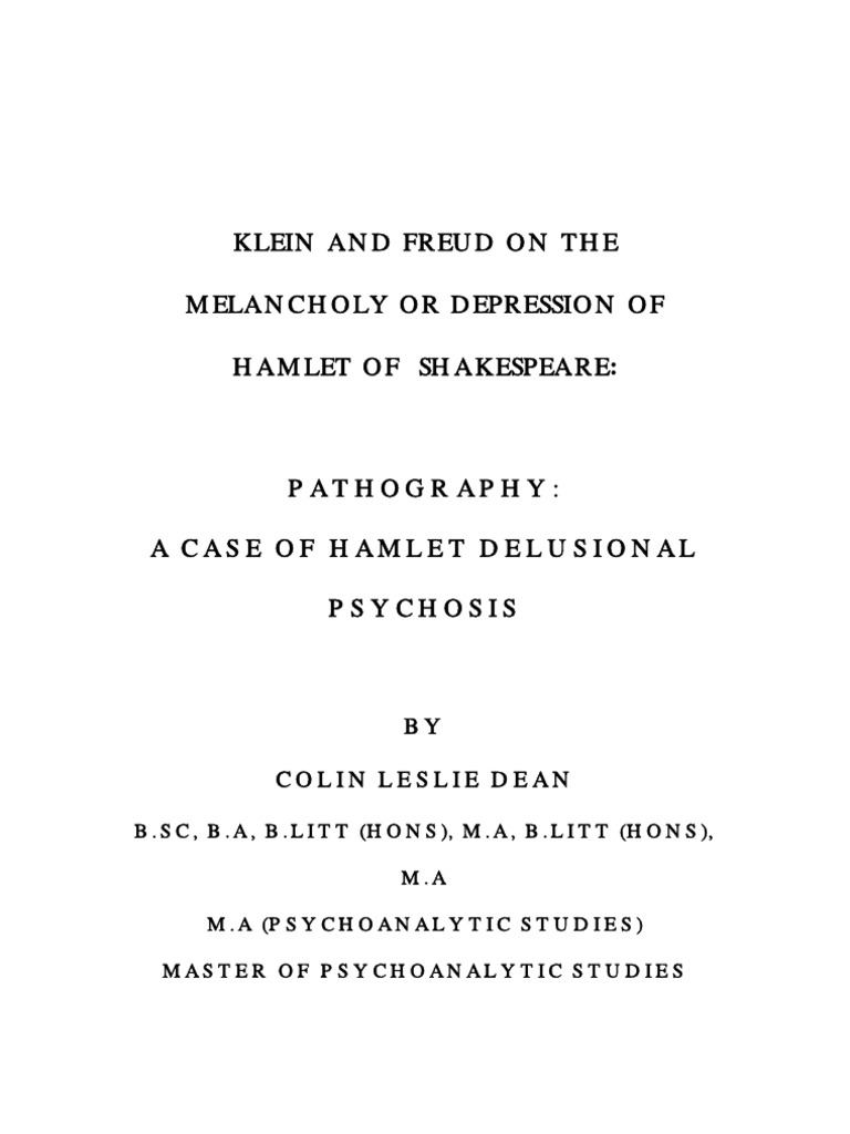 Klein and Freud On The Melancholy or Depression of Hamlet of ...