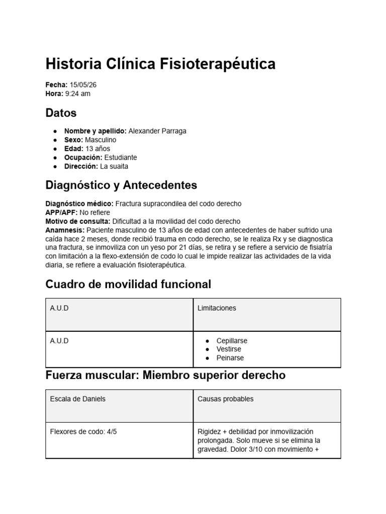 Historia Clínica Fisioterapéutica - Alexander Parraga | PDF | Codo ...
