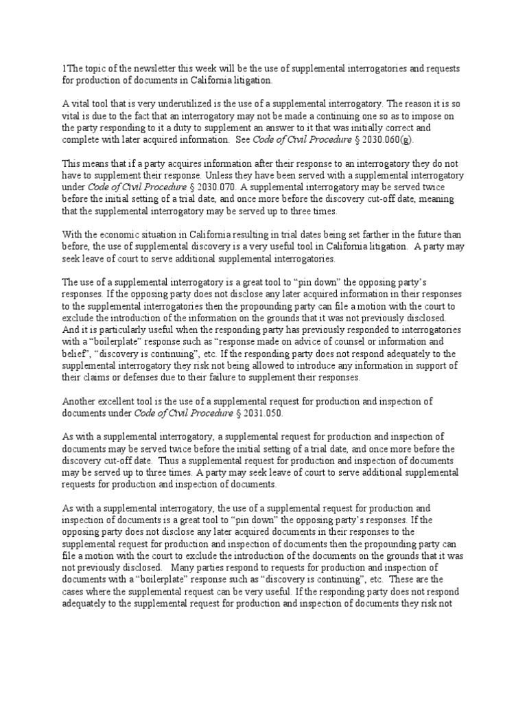 Supplemental Discovery in California | PDF | Interrogatories ...