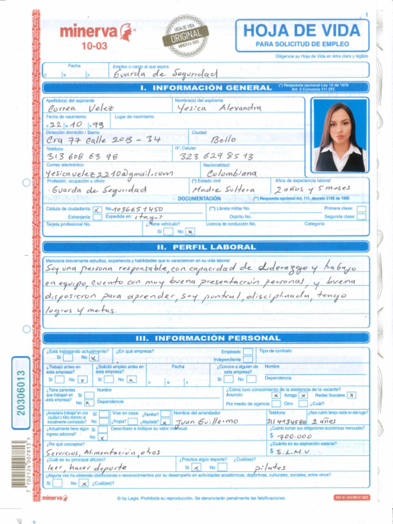 Hoja de Vida Completa Yesica Velez 2026 | PDF
