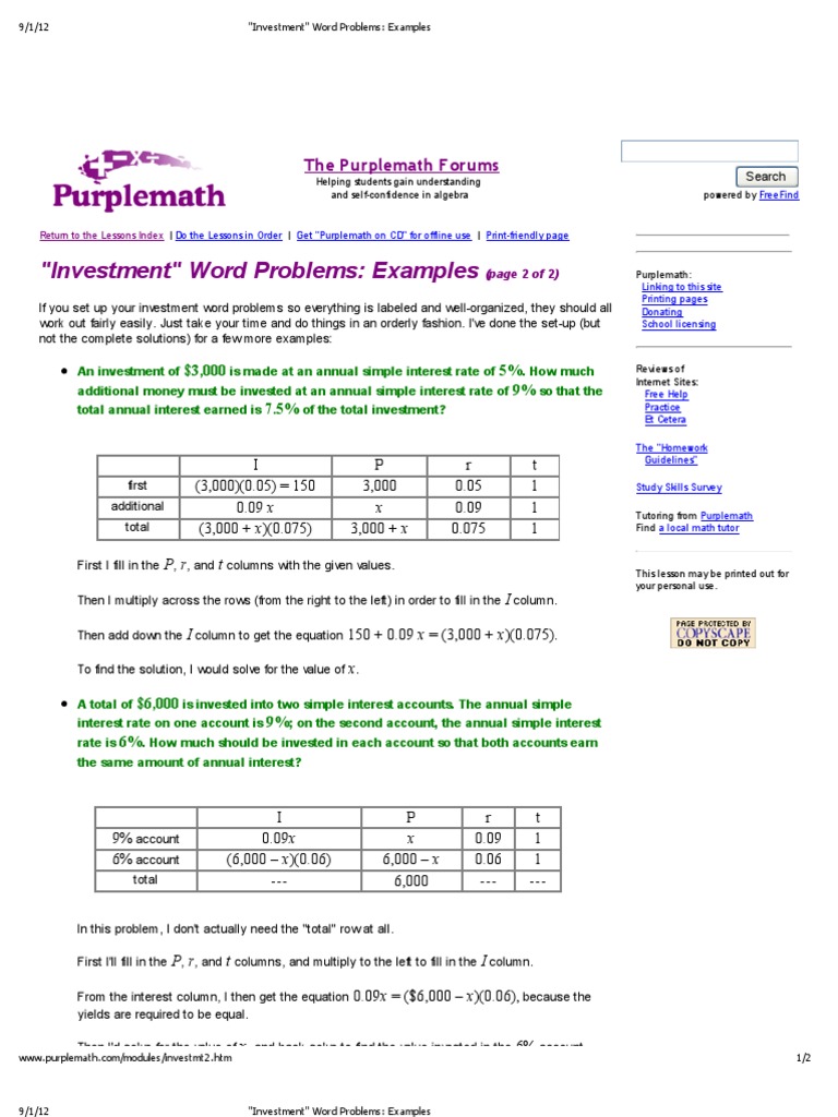 Investment Word Problems Examples | PDF | Certificate Of Deposit | Interest