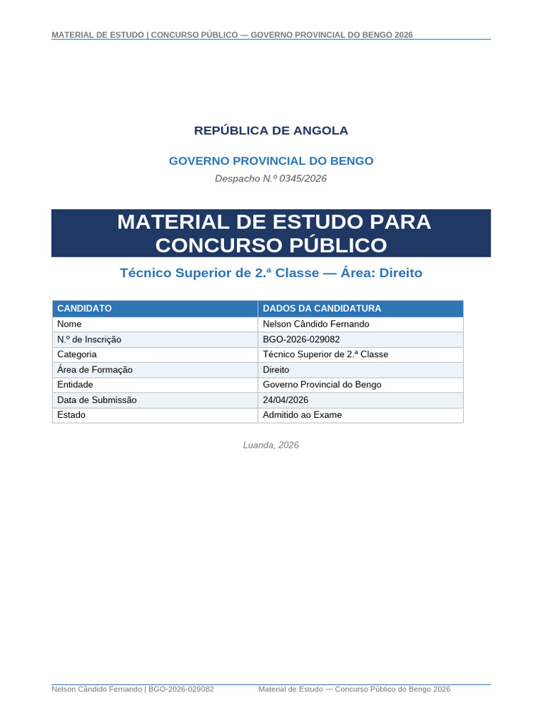Material Estudo Concurso Bengo 2026 | PDF | Angola | Constituição