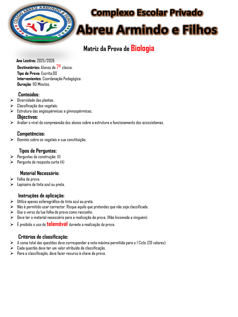 Matriz de Prova Bio-Quí-1 | PDF | Química | Tabela periódica