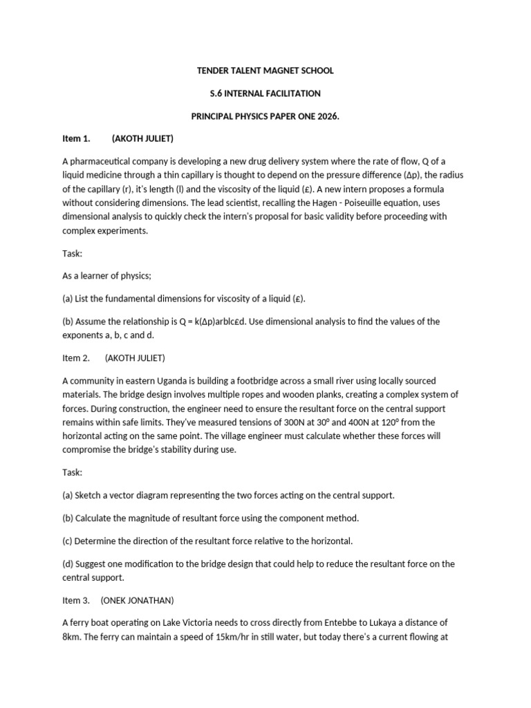 S 6 Physics Facilitation Questions 2026 | PDF | Force | Viscosity