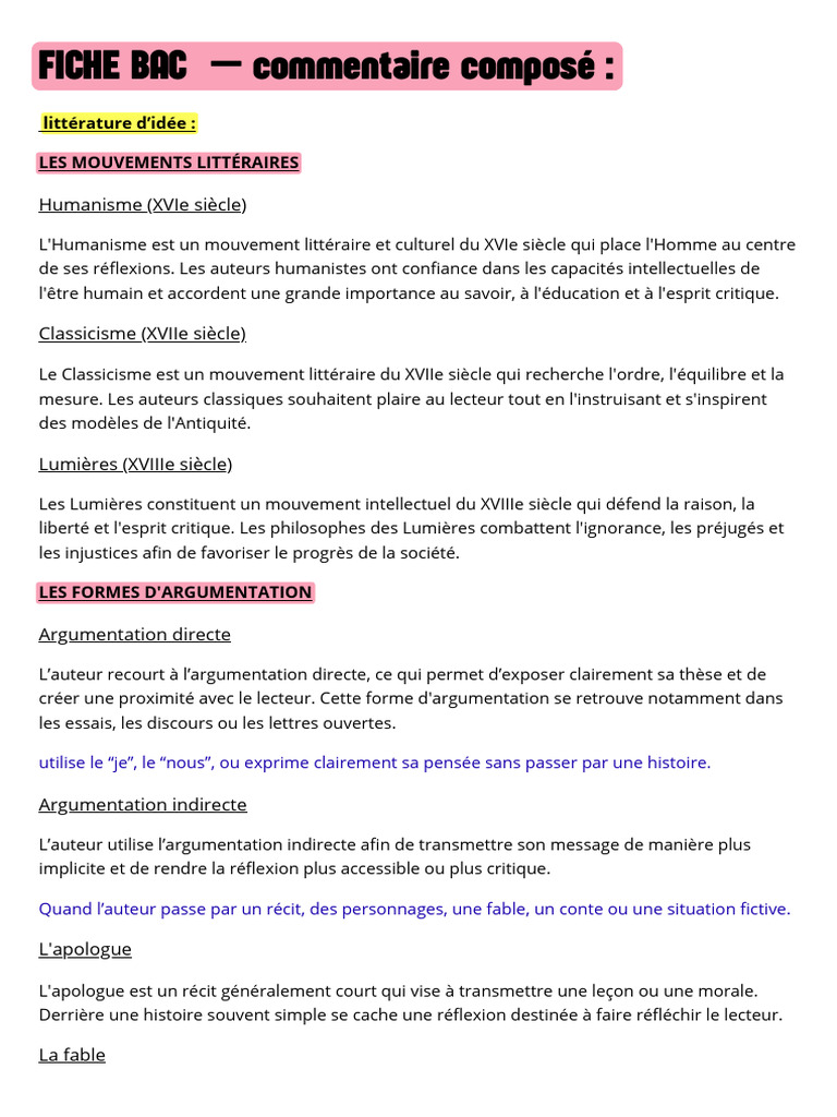 FICHE BAC — Commentaire Composé (3) | PDF | Fable | Humanisme
