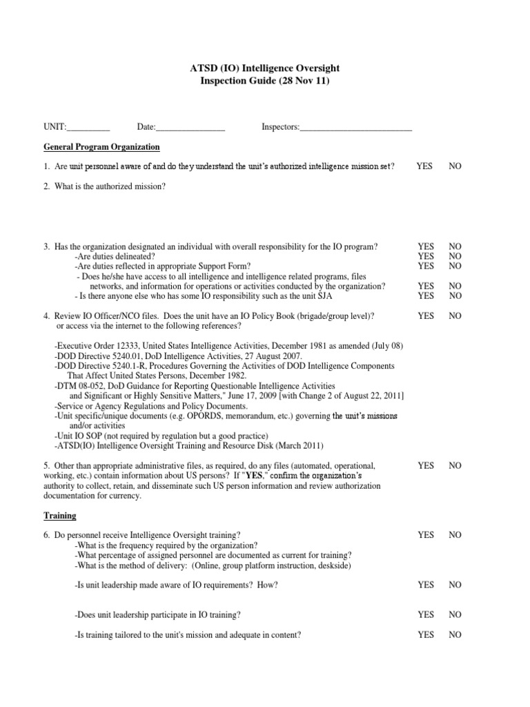 ATSD (IO) Intelligence Oversight Inspection Guide | United States ...