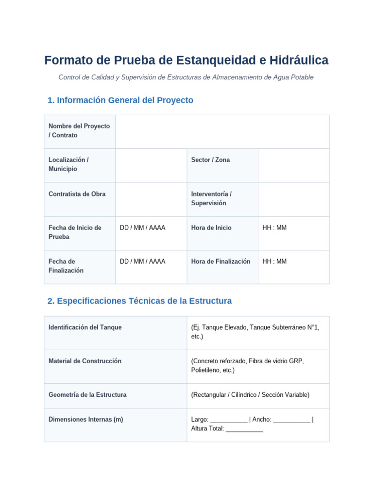 Formato de Prueba de Estanqueidad - Tanque de Agua Potable | PDF | Agua ...