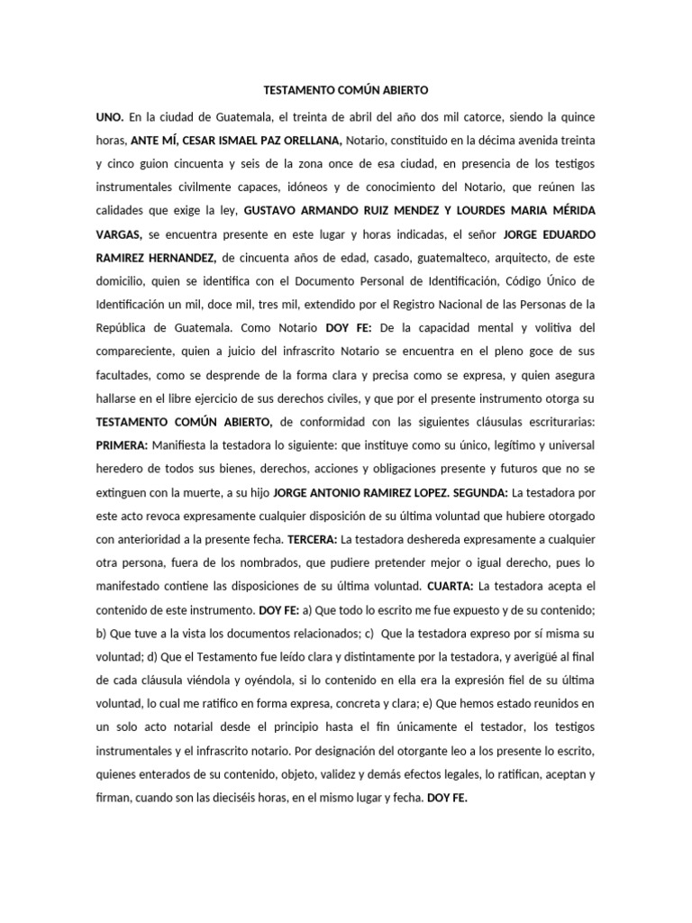 Testamento Común Abierto | PDF | Voluntad y testamento | Guatemala